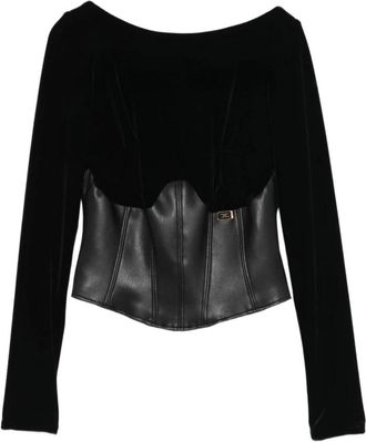 Elisabetta Franchi Femme, Tops, Noir, Taille: 38 FR Pull Noir avec Insert Velours Col Bateau Fermeture Éclair