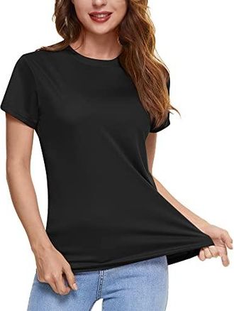 KEFITEVD Maillot de Bain à Manches Courtes pour Femme Été Léger Hauts de Sport Séchage Rapide Running Gym T-Shirt Noir, 2XL