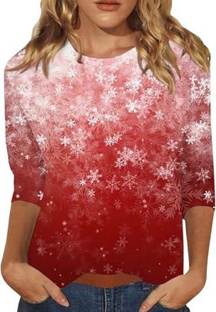 Generic T-shirts &agrave; manches 3/4 et col rond avec imprim&eacute; flocon de neige pour femme, chemisier graphique mignon pour lhiver, d&eacute;contract&eacute;, &eacute;l&eacute;gant, haut de vaca