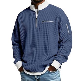 Generic Sweat &agrave; fermeture &eacute;clair contrast&eacute;e pour homme, style d&eacute;contract&eacute; et d&eacute;contract&eacute;, demi-fermeture &eacute;clair gaufr&eacute;e pour homme, mode dautomne, bleu marine