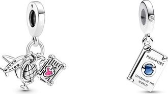 Pandora Moments 799435C01 Flugzeug, Globus und Koffer Charm-Anhänger & Moments Aufklappbarer Reisepass Charm-Anhänger aus Sterling Silber mit blauem Cubic Zir