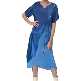Generic Robe d&eacute;t&eacute; asym&eacute;trique pour femme avec col en V et manches courtes, bleu, 4XL