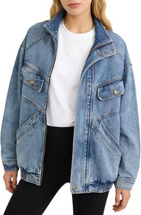 Generic Veste en jean oversize &agrave; col montant pour femme, style bomber, bleu, fermeture &eacute;clair et effet us&eacute;, taille XL