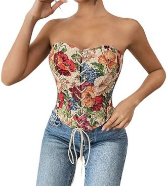 Generic Corset Pirate Femme, Gilet Bustier R&eacute;tro &Agrave; Imprim&eacute; Floral, Coupe Ajust&eacute;e Et Ceinture &Agrave; Nouer, Style Streetwear