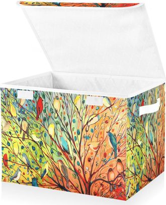 Mnsruu Aufbewahrungsk&ouml;rbe, zusammenklappbare Aufbewahrungsk&ouml;rbe mit Deckel, Baumvogel, &Ouml;lgem&auml;lde, Aufbewahrungsboxen, Kleiderk&ouml;rbe f&uuml;r die Organisation