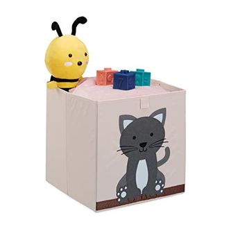 Relaxdays Aufbewahrungsbox Kinder, Katze, HxBxT: 33 x 33 x 33 cm, Stoffbox, faltbar, Spielkiste Kinderzimmer, beige/grau