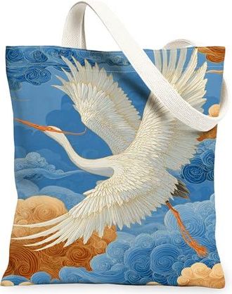 Generic Sacs fourre-tout en toile motif grue, oiseaux et nuages, sacs d&eacute;picerie r&eacute;utilisables, sacs d&eacute;picerie printaniers, vintage, chic, l&eacute;ger et lavable en 