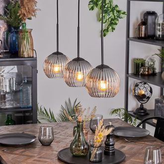 HOFSTEIN H&auml;ngeleuchte Koyoto, 3-flammige H&auml;ngelampe aus Metall/Riffelglas in Schwarz/Rauchfarben/Klar, Pendelleuchte im Retro/Vintage-Design (Schirme &Oslash; 15 cm),