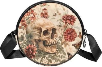 Generic Petit sac &agrave; bandouli&egrave;re rond pour femme, motif t&ecirc;te de mort r&eacute;tro, floral, avec fermeture &eacute;clair, bretelles r&eacute;glables, sac &agrave; main rond d&eacute;contract&eacute; pou
