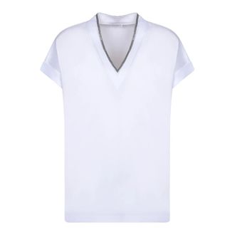 Brunello Cucinelli Femme, Tops, Blanc, Taille: 42 FR T-shirt Blanc Manches Courtes Coton