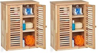 Relaxdays H&auml;ngeschrank, Walnuss, HxBxT: 46,5 x 35 x 21 cm, Lamellent&uuml;ren, 3 F&auml;cher, Wandschrank Badezimmer, K&uuml;che, Natur (Packung mit 2)