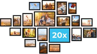 Photolini Schwarze Bilderrahmen Set verschiedene Gr&ouml;&szlig;en, Bilderwand Collage 20 Rahmen, Bilderrahmen-Set Schwarz Holz MDF, Aufstellen & Aufh&auml;ngen, Acrylglas, pho