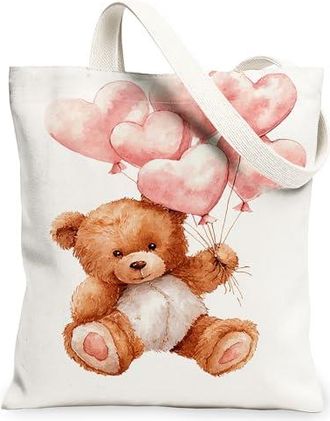 Generic Sacs fourre-tout en toile motif ours mignon, motif coeur, ballon, sacs d&eacute;picerie r&eacute;utilisables, printemps vintage, l&eacute;ger, lavable, blanc, 13x15 Inch