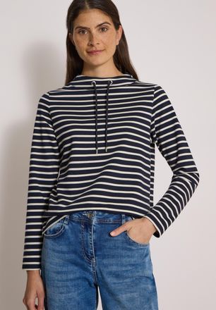 Cecil Langarmshirt CECIL, Damen, Gr. XXL (46), urban dunkelblau, Web, 50% Baumwolle, 50% Modal, gestreift, comfort fit normal, hoch geschlossener Ausschnitt