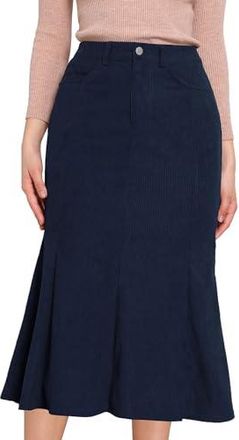 Allegra K Jupe en Velours Côtelé Femme Ourlet Plissé Taille Haute Style Décontracté Mi-Longue Automne pour Bureau Bleu foncé L