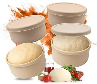 Relaxdays Pizzaballenbox, 4er Set, Silikon, bis 350 g Teig, gefrierfest, HxD: 6,5 x 14,5 cm, Teigbox mit Deckel, beige