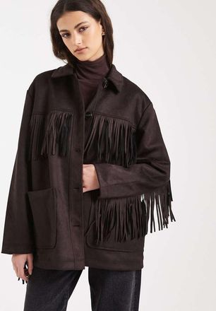 Only Jacke aus Wildlederimitat in Schokobraun mit Boho-Fransenverzierung-Brown