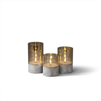Konstsmide LED Kerzen, 3er-Set, smokey brown, mit Glas und 6h Timer, 1 flackernde warm weiße Diode, batteriebetrieben, Innen, 0,06W, 2 x AA 1.5V (exkl.) - 1819-6