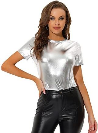 Allegra K Chemisier Clubwear pour Femme à Manches Courtes, Haut métallique Brillant Costume dhalloween Argent XL