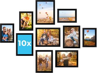Photolini Schwarze Bilderrahmen Set verschiedene Gr&ouml;&szlig;en, Bilderwand Collage 10 Rahmen, Bilderrahmen-Set Schwarz Holz MDF, Aufstellen & Aufh&auml;ngen, Acrylglas, pho