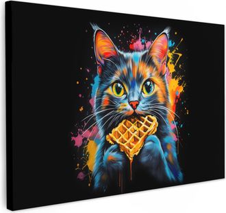 MuchoWow © Leinwand Groß 120x80 cm XXL Deko Schlafzimmer Aesthetic Leinwandbilder Wohnzimmer Gemälde Foto Geschenk Living Room Decoration Katze - Graffiti - Bu