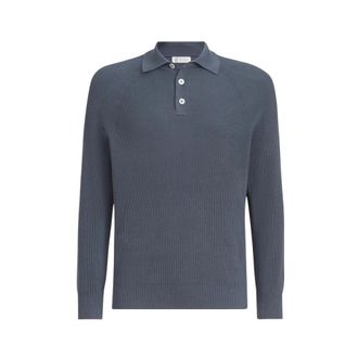 Brunello Cucinelli English Rib Knit Polo - - Tops - Herren - Blau - 2XL