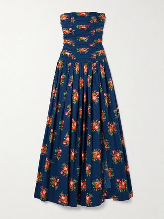 Cara Cara Montreal Tr&auml;gerloses Maxikleid Aus Baumwollpopeline Mit Blumenprint Und Falten - Blau