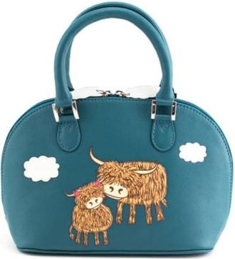 Mala Leather Bella Highland Cow Sac à main rond zippé en cuir moyen avec bandoulière amovible et sac à poussière 28 x 19 x 10 cm, bleu sarcelle, 28 x 19 x 10 Centi