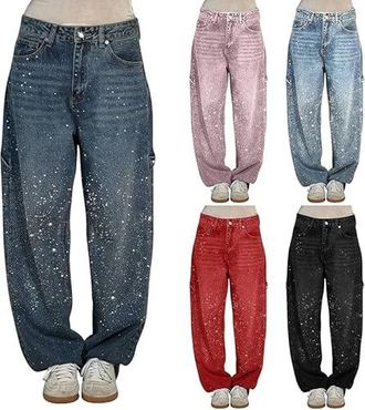 Generico Jeans Strass Pantalon Paillettes en Denim Harem Droit à Jambe Large Pantalon en Denim Baggy Taille Haute Gradient Élastique Jeans Brillant Sparkle Vin