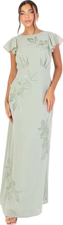 Maya Damen Womens Maxi Ladies Round Neck Short Cap Sleeve Cowl Back Floral Embroidered Bead Embellished A-line Wedding Guest Dress, Green Lily, 46 EU