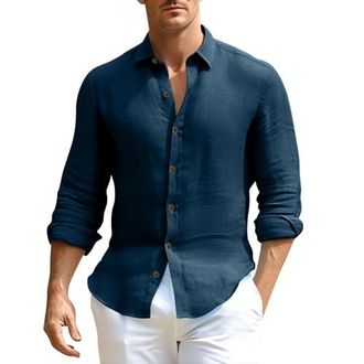 Generic Chemise formelle en lin &agrave; manches longues pour homme - Chemise boutonn&eacute;e en lin - Coupe ajust&eacute;e - Style d&eacute;contract&eacute; - Blanc - Col en V - T-shirt pour 