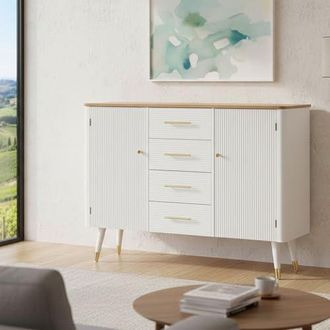 Dmora Sideboard Clement 117x37x90 cm Wei&szlig;, 4 Schubladen, 2 T&uuml;ren