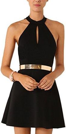 DianShao Femmes Robe De Soirée Col Rond sans Manches Plissé Robe Courtes Noir M