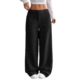 Generic Pantalon ample en velours c&ocirc;tel&eacute; de couleur unie pour femme, avec poche plaqu&eacute;e, pour lautomne et lhiver, taille &eacute;lastique, Noir, XL