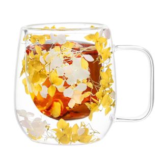 Generic Doppelwandige Glastassen - Kaffeetasse aus, 200 ml, transparent, isoliert, isoliert mit Trockenblumen, doppelwandige isolierte Teetassen mit Henkel