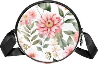 Generic Petit sac &agrave; bandouli&egrave;re circulaire pour femme, motif feuilles florales, sac &agrave; dos avec fermeture &eacute;clair, bretelles r&eacute;glables, sac &agrave; main rond d&eacute;contra