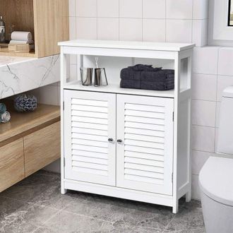 Costway Costway - Badezimmer Schrank weiss, freistehender Badschrank Aufbewahrungsschrank mit 2 Rollladent&uuml;ren, K&uuml;chenschrank Badkommode Holz f&uuml;r Bad K&uuml;che