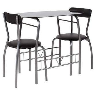 Flash Furniture Glas-Esstisch und Stühle, Metall, schwarz, 3-teiliges Set