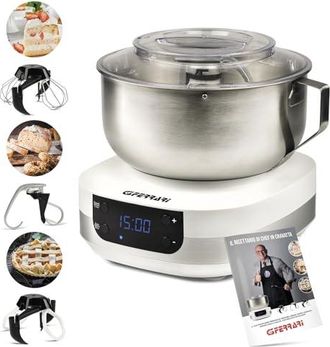 G3Ferrari G20145 Gourmet Knetmaschine, 1500 Watt, 5 Liter, Edelstahlschüssel mit Griff, Digitalanzeige, 5 Geschwindigkeiten, Timer, inklusive Rezeptbuch