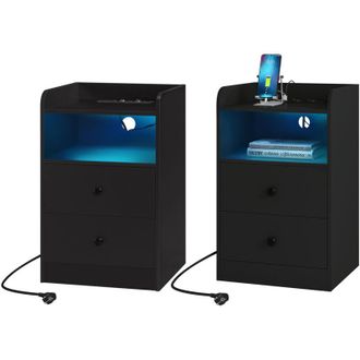 Woltu Nachttisch 2er Set, Couchtisch mit led -Licht und Ladefunktion, Beistelltisch mit 2 Steckdosen 2 USB-Anschl&uuml;ssen, Sofatisch mit Schubladen offenem