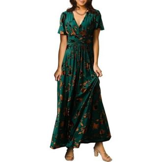 Generic Robe en velours pour femme - Imprim&eacute; floral r&eacute;tro - Taille pliss&eacute;e - Mini grande taille - Col en V - Confortables - Pour invit&eacute;s de mariage, Vert, XL