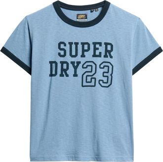 Superdry Damen Figurbetontes Athletic Essentials Ringer-T-Shirt Gezeiten Blau Strukturiert 42