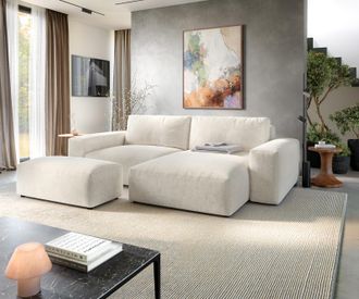 DELIFE Ecksofa Lanzo XL 270x180 cm Strukturstoff Soft Beige Recamiere variabel mit Hocker, Ecksofas