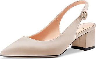 Castamere Femmes Bloc Chunky Bas Talon Heel Fermé Pointu Bout Slingback Escarpins Boucle Cute Dress Bureau 5 CM Heels Beige Satin 41 EU