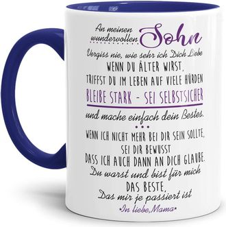Tassendruck Tasse mit Spruch von der Mama für den Sohn - Kaffeetasse/Familie/Geschenk-Idee/Mug/Cup/Innen & Henkel Dunkelblau