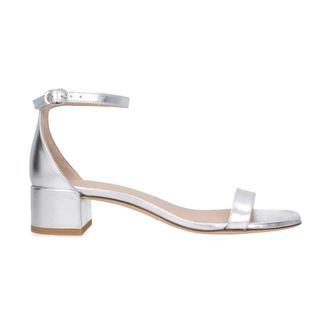 Stuart Weitzman Femme, Chaussures, Gris, Taille: 35 1/2 EU Sandales en Cuir Gris à Talon Moyen et Bout Ouvert