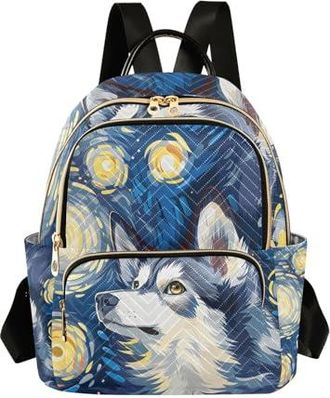 Mnsruu Mini sac à dos pour femme, motif chien husky, Van Gogh, ciel étoilé, petit sac à dos tendance pour femme, sac à dos décontracté, Multi162, M