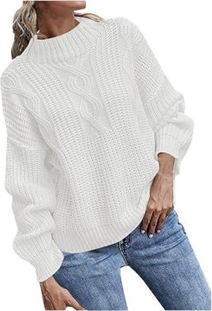 Generic Pull surdimensionn&eacute; en tricot torsad&eacute; &agrave; col rond pour femme - Coupe ample - Manches longues - Haut tricot&eacute; l&eacute;ger pour femme, 01 - Blanc, S