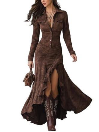 Generic Robe western vintage boutonn&eacute;e &agrave; manches longues et col en V pour femme, marron fonc&eacute;, 3XL