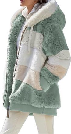 Generic Manteau rembourr&eacute; en laine dagneau contrastant pour femme, veste polaire, veste dautomne et dhiver, veste &agrave; capuche multicolore en peluche ample, Vert